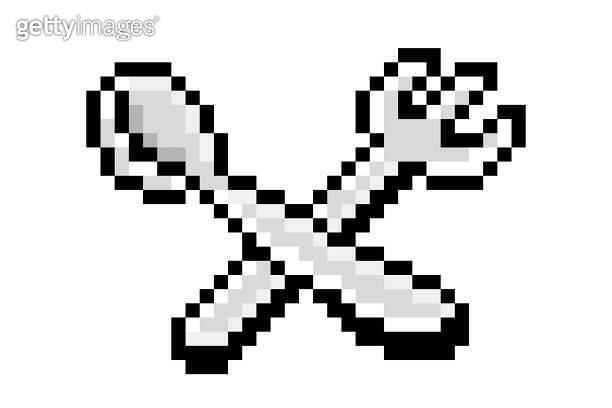 Spoon and fork crossed, black outline pixel art icon isolated on white ...