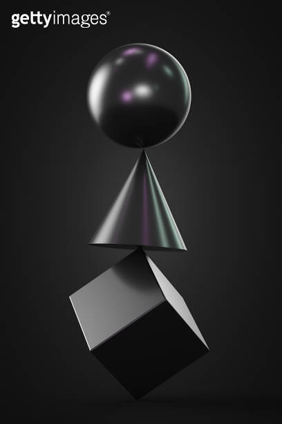 Shapes balancing on each other: cube, cone, sphere. Dark theme ...