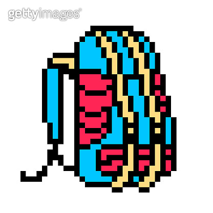 Blue and red trekking rucksack, pixel art icon isolated on white ...