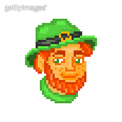 Ginger bearded freckled leprechaun man in a green hat portrait, pixel ...