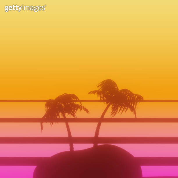 Retrowave Sunset behind a Tropical Island 이미지 (1280866394) - 게티이미지뱅크