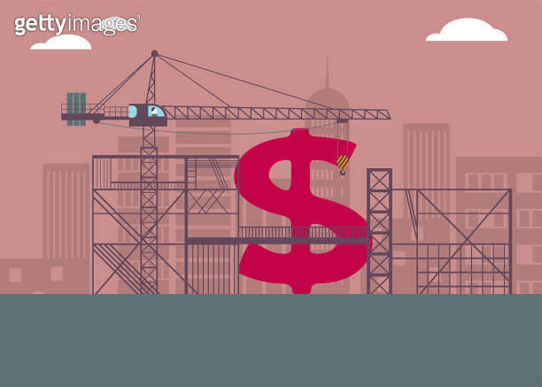A tower crane on a construction site is building a dollar sign ...