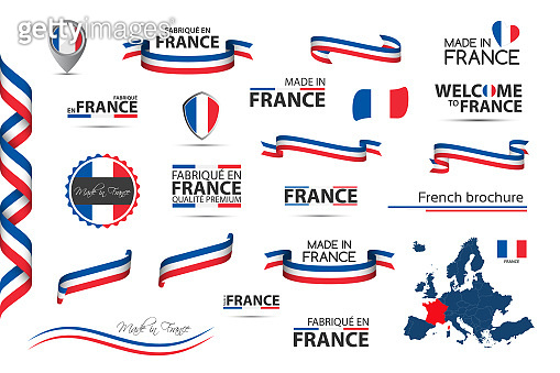 Big set of French ribbons, symbols, icons and flags isolated on a white ...