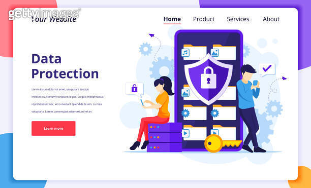 Data protection concept, people protecting data and files on a giant smartphone. Modern flat ...