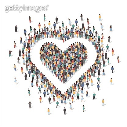Large group of people forming human heart shape symbol, flat vector ...
