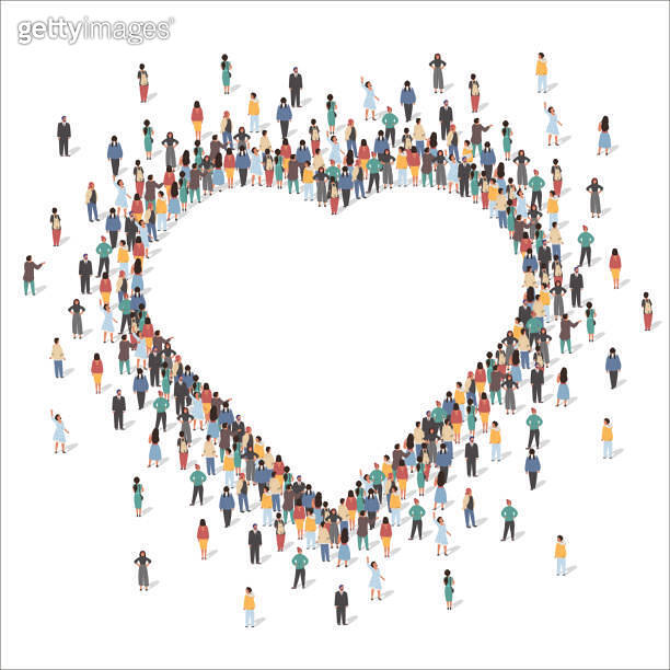 Large group of people forming human heart shape frame, flat vector ...