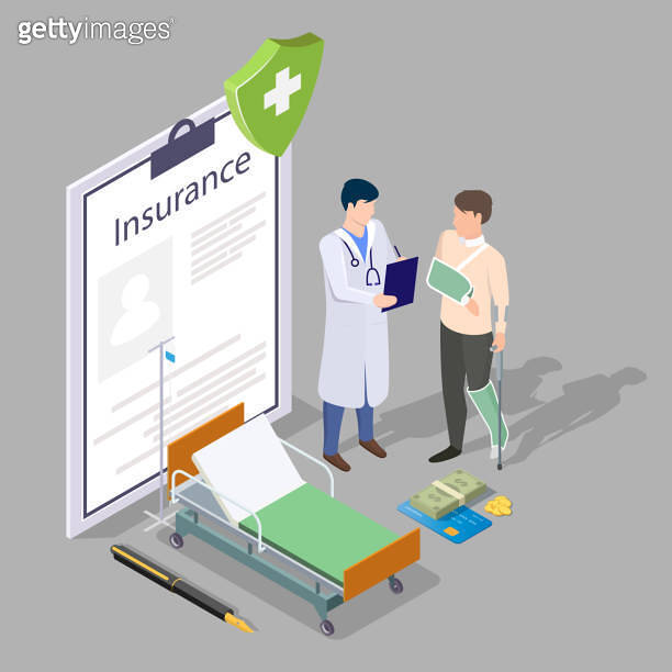 Isometric doctor, patient with broken arm and leg, medical insurance ...