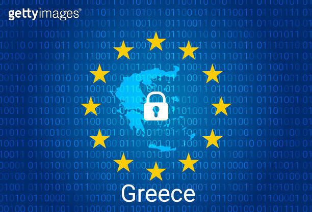 Map of Greece, with lock and binary code background. europe union internet blocking, virus ...