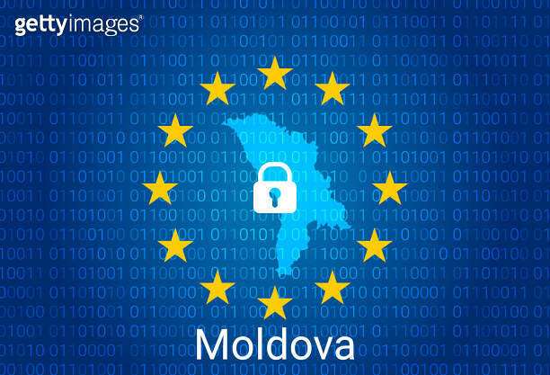 Map of Moldova, with lock and binary code background. europe union internet blocking, virus ...
