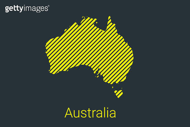 Map of Australia, striped map in a black strip on a yellow background ...