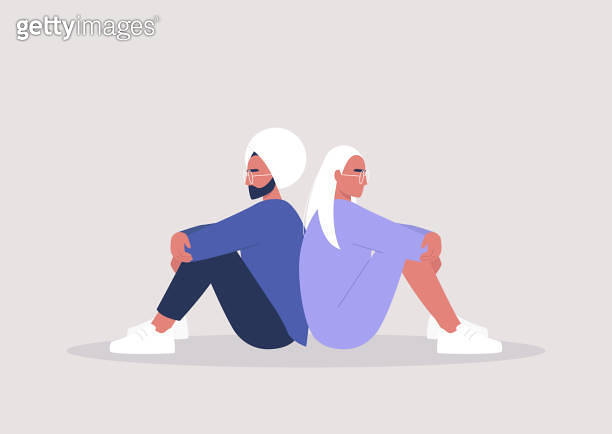 Two characters sitting back to back, disagreement, relationship ...
