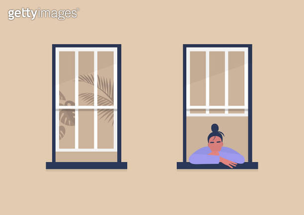 Young female character looking out the window, self-isolation and ...