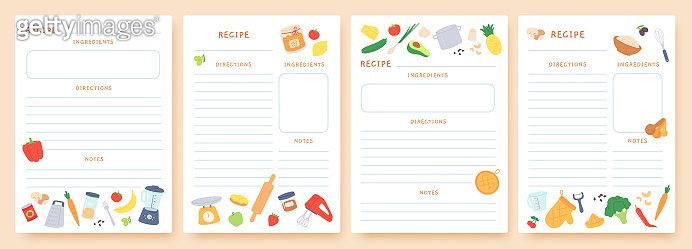 Recipe cards. Pages for culinary book decorated with ingredients and ...