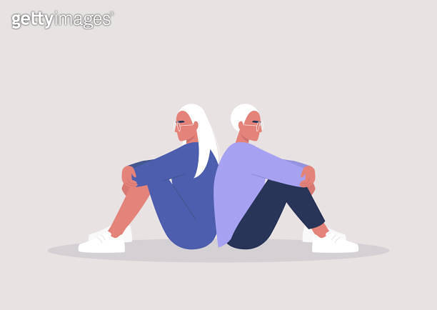 Two characters sitting back to back, disagreement, relationship ...