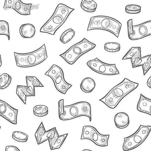 Money rain seamless pattern. Sketch dollar banknotes and coins, falling ...
