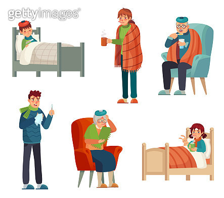 Sick people. Kids, adult and old persons with flu and cold. Coronavirus ...