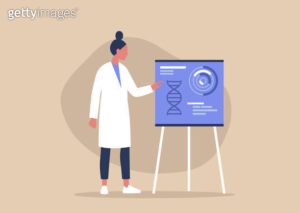 Young female character pointing on a flip chart, biotech startup, new ...