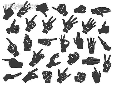 Hand gesture silhouette icons. Man hands gestures, pointing finger and ...
