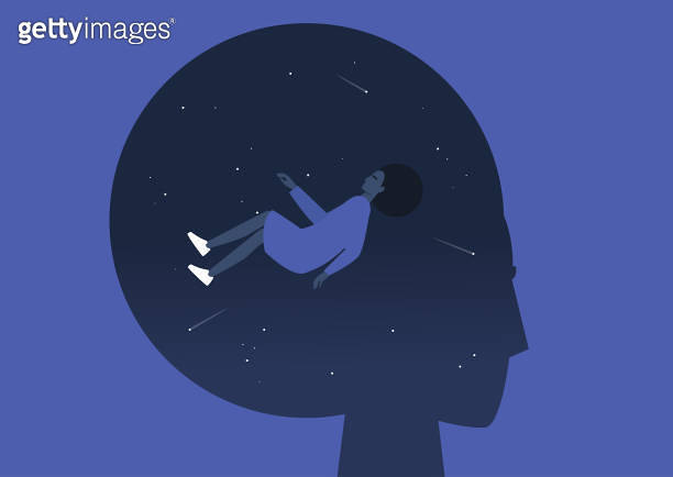 Meditative mind, young black female character levitating inside their ...