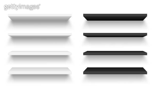 Realistic black and white wall shelf collection isolated on white ...