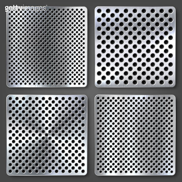 Realistic perforated brushed metal textures set. Polished stainless ...