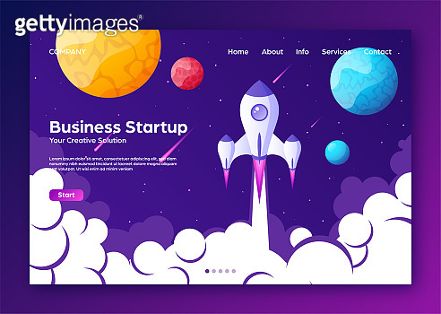 Website landing home page with rocket. Business project startup and ...