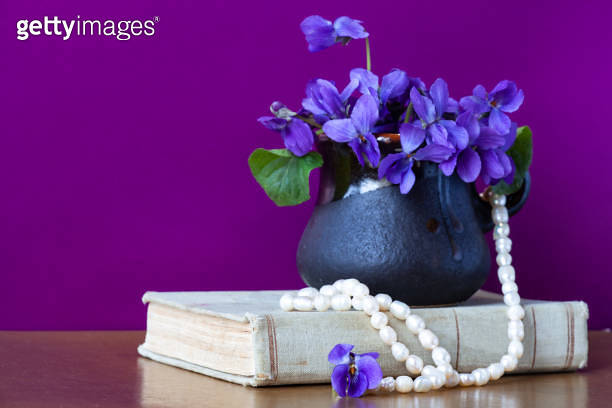 Beautiful small bouquet of forest violets in a vase. Still Life With ...