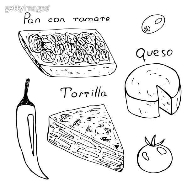 Set of traditional Spanish tapas and spices, tomato sandwich, tortilla ...