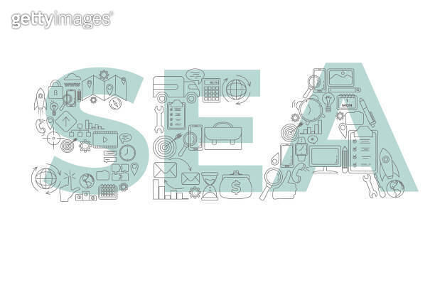 Vector creative illustration of SEA word lettering typography with line ...
