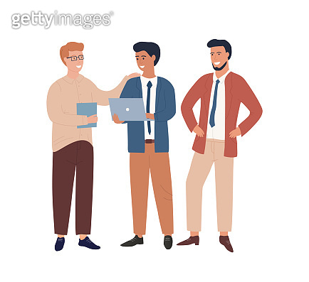 A group of three colleagues in suits discuss work together. Employees ...