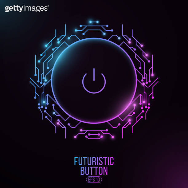 Futuristic power button with computer circuit board. HUD interface ...