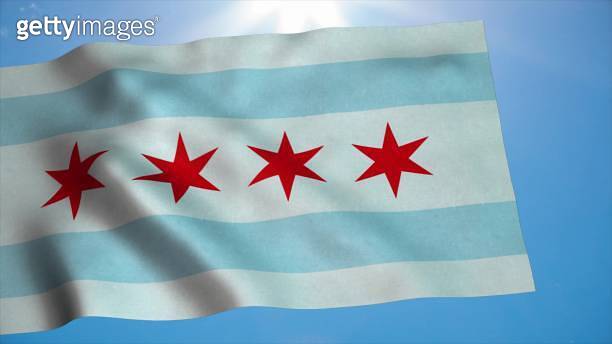 Flag of Chicago city waving in the wind against deep beautiful blue sky ...
