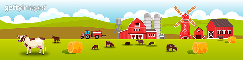 Farm livestock vector landscape with grazing cows, barn, mill, haystack ...