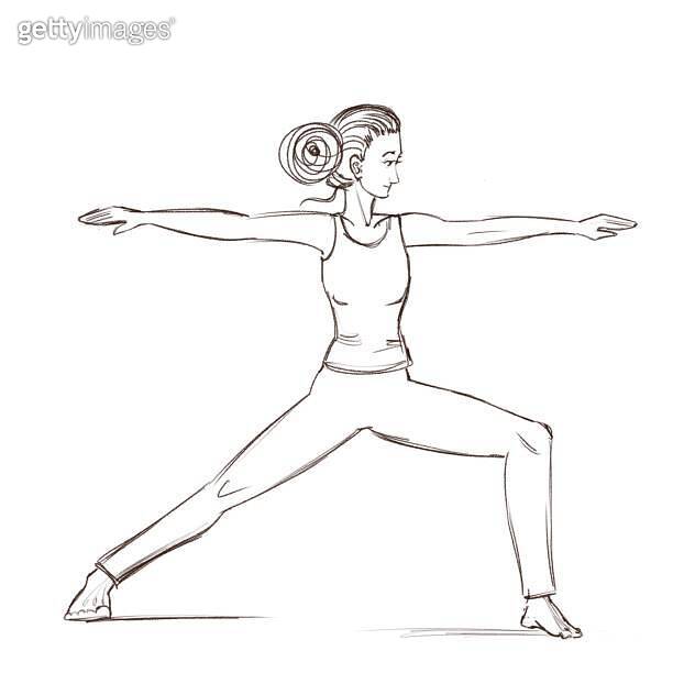 Yoga. The girl stands in the pose of a warrior pose. Contour drawing of ...