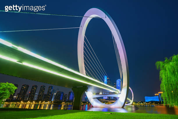 Eye of Nanjing Pedestrian Bridge and urban skyline in Jianye District ...