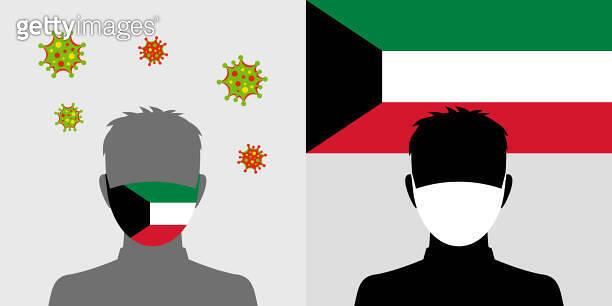 Man in protective face mask with kuwait flag and virus icon 이미지 ...
