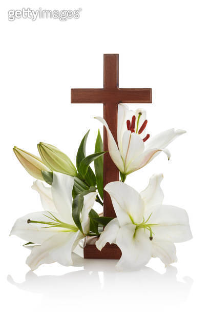 Cross with lilies isolated on white background for decorative design ...