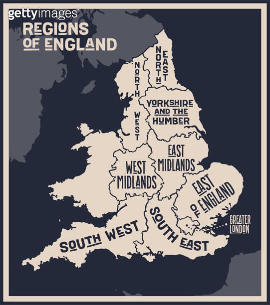 Poster map of regions of England (1220113128) 일러스트, 무료 일러스트 - 게티이미지뱅크
