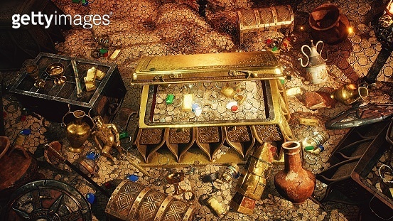 Pirate treasures in a dark cave. Old coins, diamonds, and gold ...