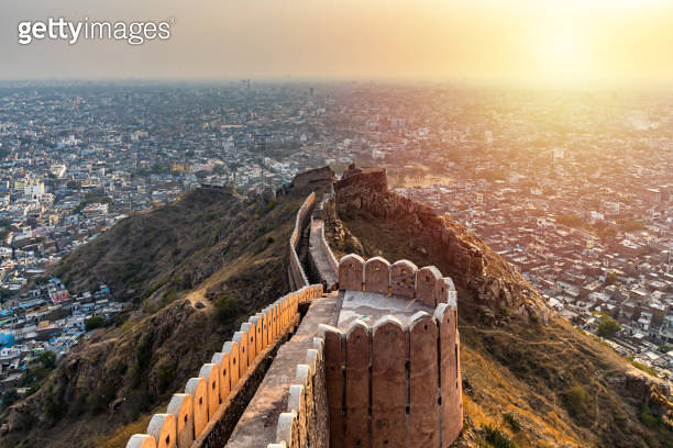 Nahargarh Fort at sunset and aerial view of Jaipur City, overall bird ...