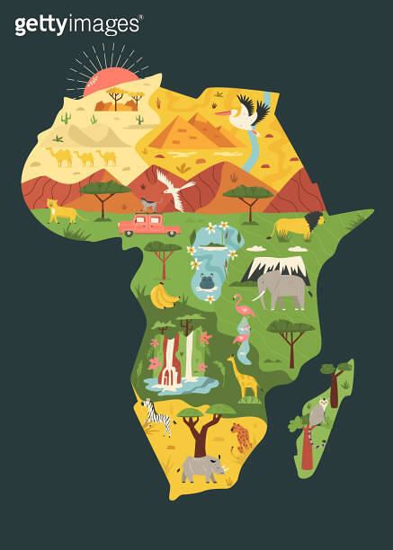 Map of Africa with famous natural landmarks and animals (1223660558 ...