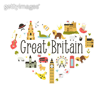 Tourist abstract design with famous destinations and landmarks of Great ...