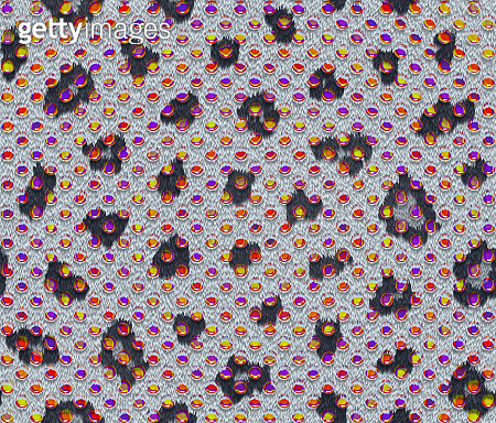 Gray leopard fur with small black spots and multicoloured gemstones ...