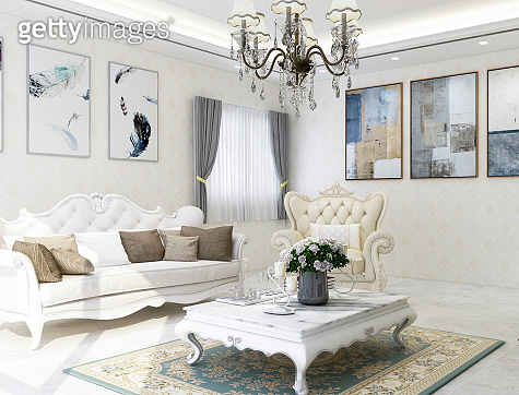 Luxurious European retro style living room with leather sofa, coffee ...