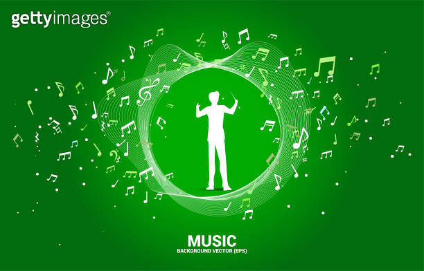 Vector silhouette of conductor standing with music melody note dancing ...