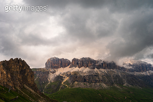 mountain landscape along the Viel dal Pan trail, Dolomites, Val di ...