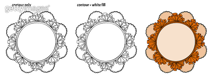 Set of hand drawn cute round frames with textile ruffles, lace and ...