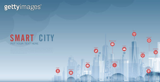 Smart city urban landscape with infographic elements. networks and ...