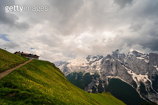 mountain landscape along the Viel dal Pan trail, Dolomites, Val di ...