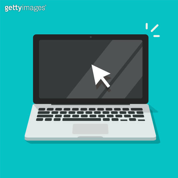 Computer screen with pointer mouse arrow icon vector flat cartoon illustration, notebook or ...